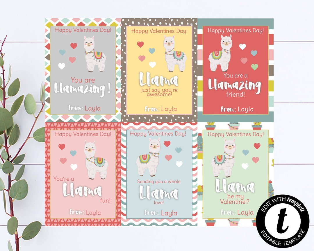Llama Valentines Cards Editable and Personalized Kid Llama Valentine's ...