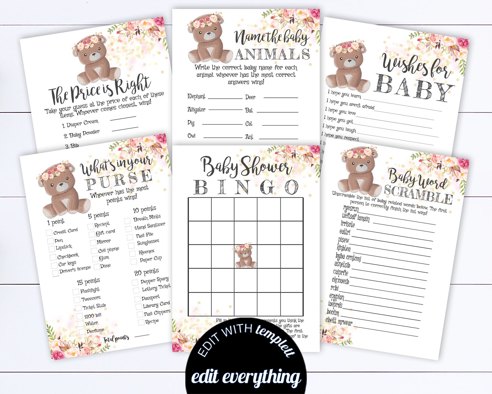 Bear Baby Shower Games Printable Baby Shower Games Package Baby Shower ...