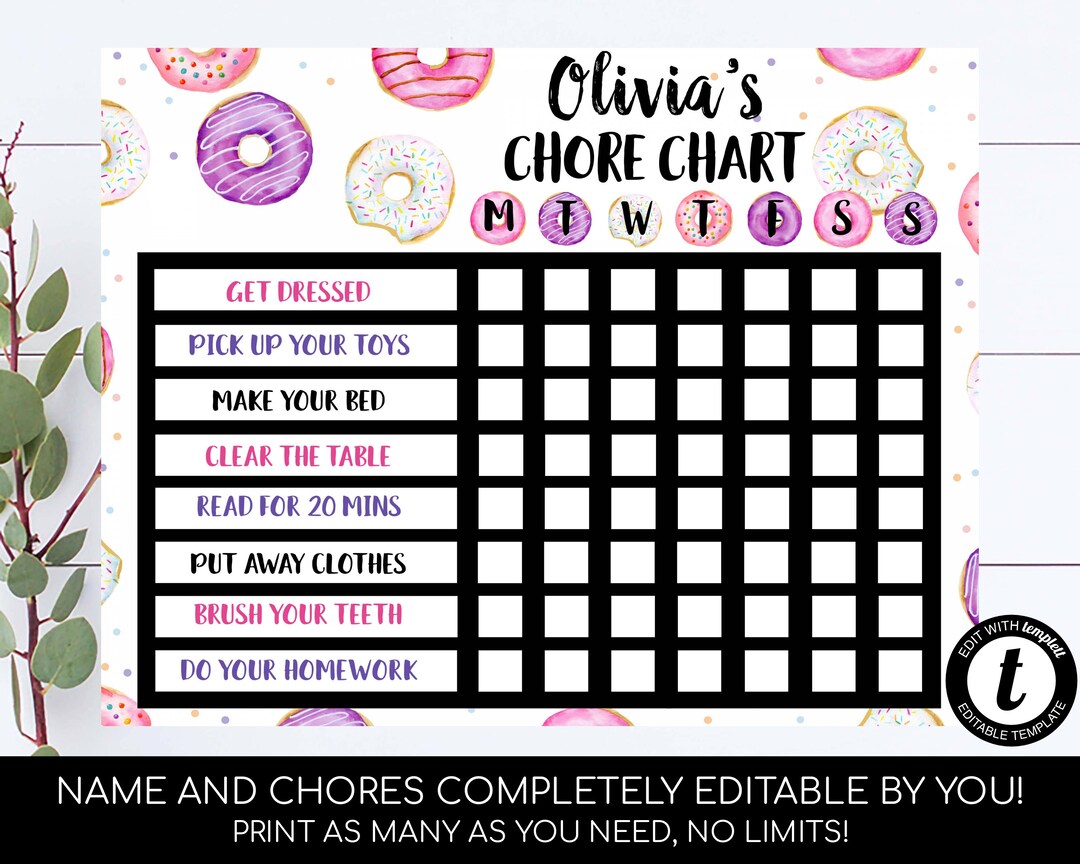 Donut Chore Chart Editable Kids Chore Chart Reward Chart for Kids Donut ...