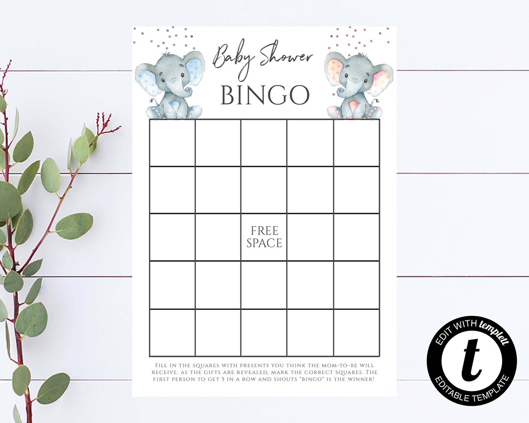 Elephant Bingo Baby Shower Game Twins Baby Shower Bingo Activity Bingo ...