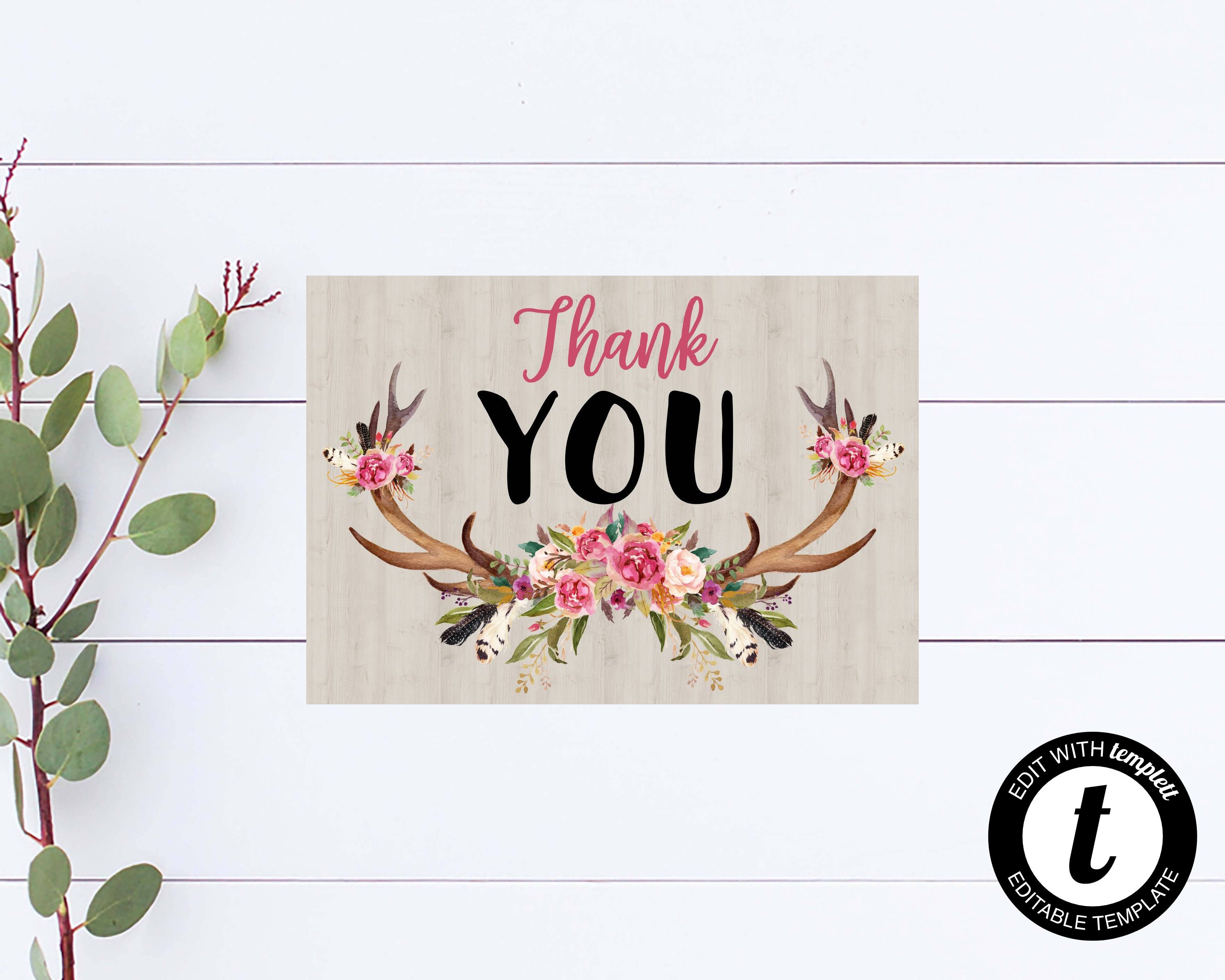 Boho Thank You Card Thank You Template Printable Thank You Baby Shower ...