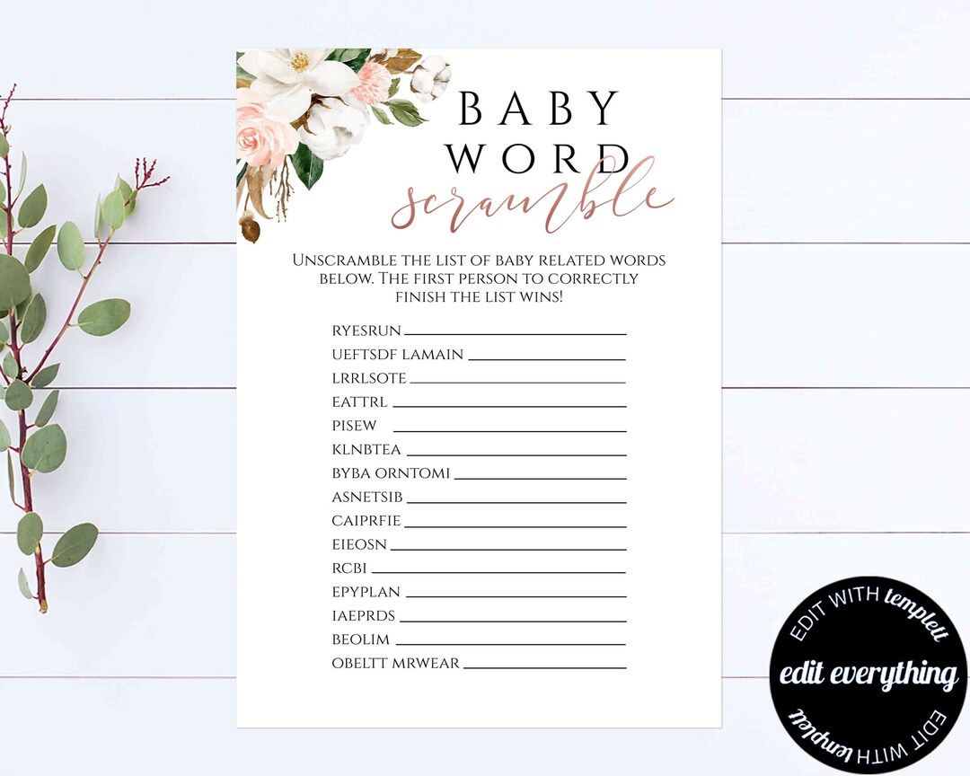 Rose Gold Baby Shower Baby Word Scramble Game Printable Baby Shower ...