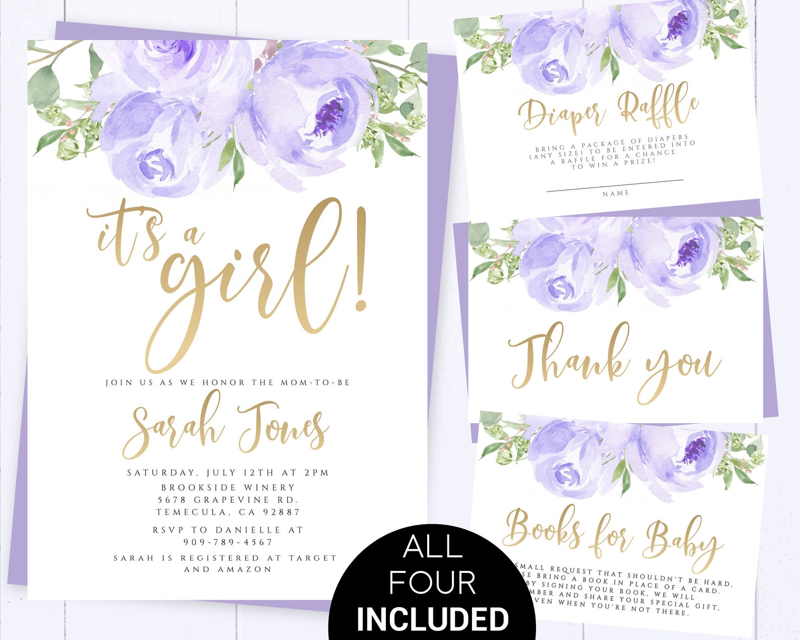 Purple Floral Baby Shower Invitation Template Girl Baby Shower Invitation It's A Girl Floral ...