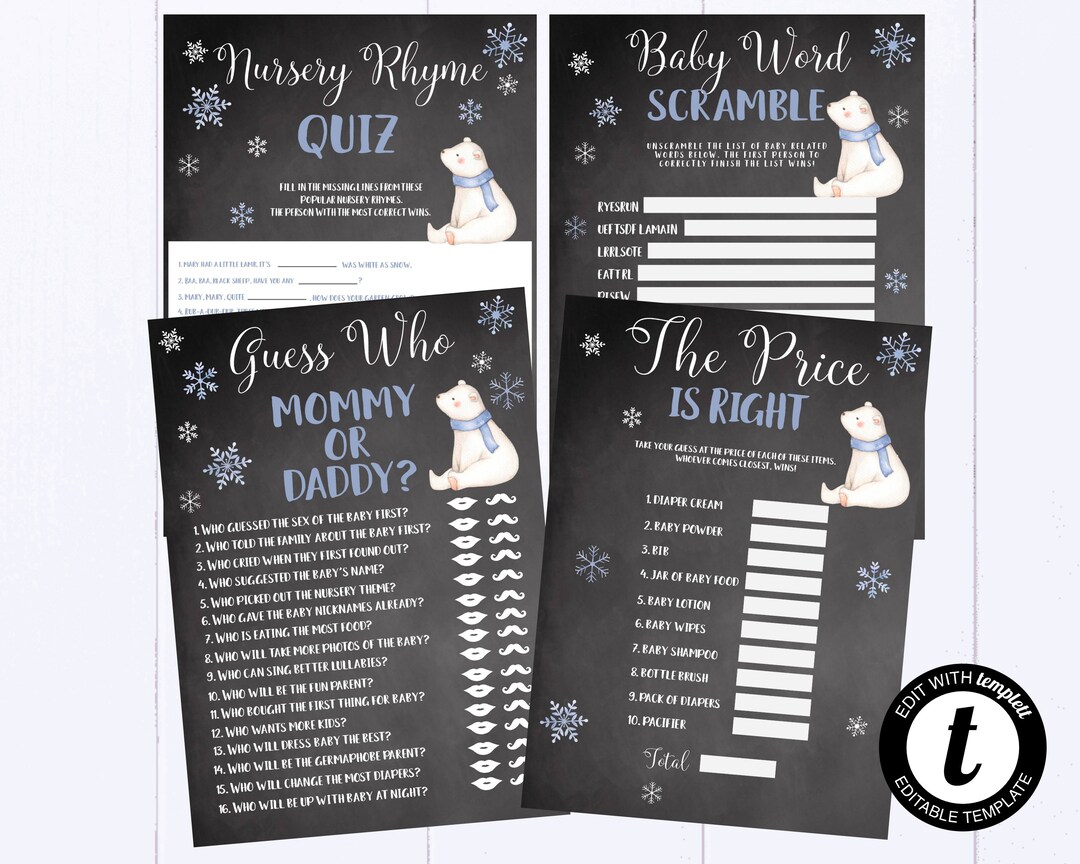 Polar Bear Baby Shower Games Package Printable Winter Baby Shower Games ...