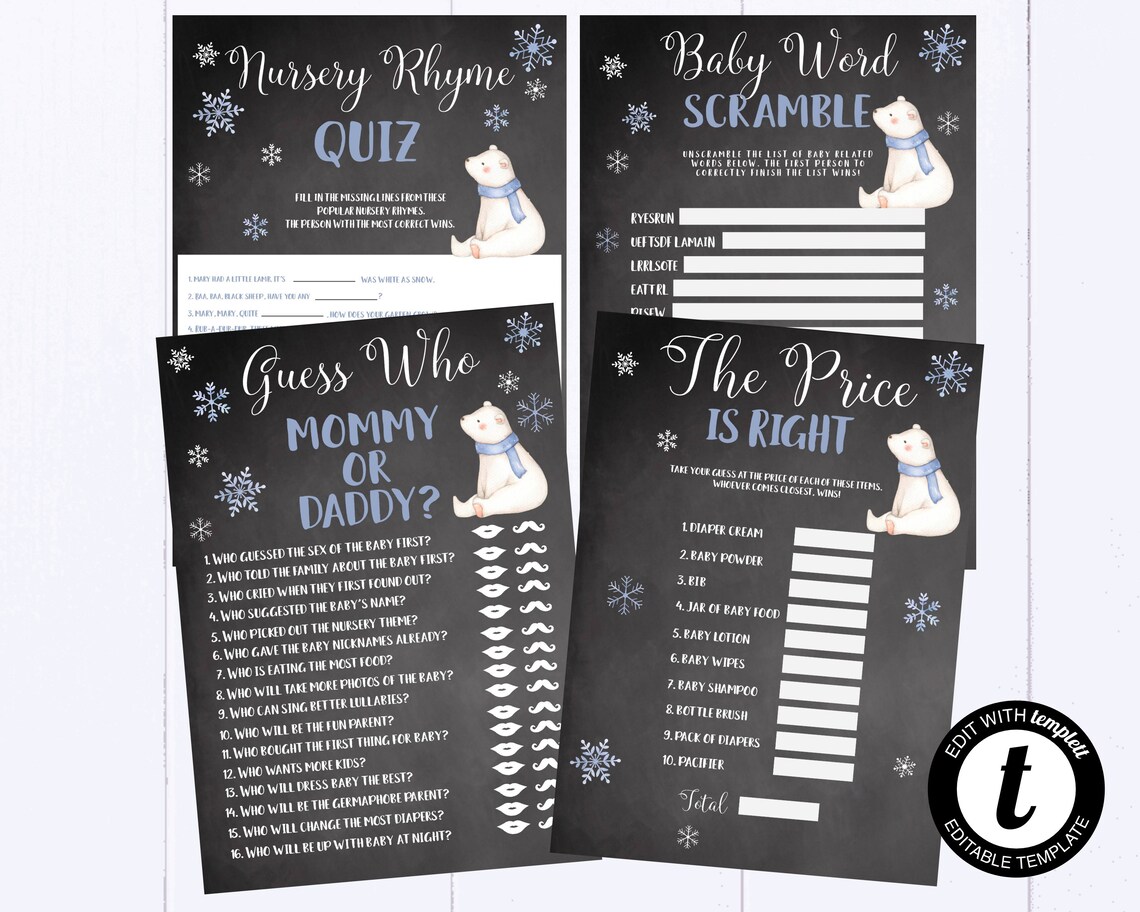 Polar Bear Baby Shower Games Package Printable Winter Baby | Etsy