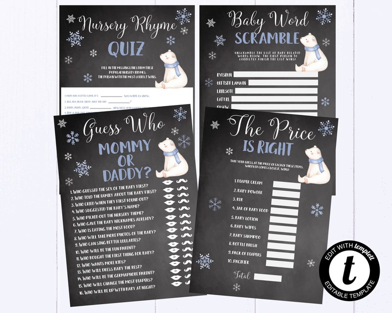 Polar Bear Baby Shower Games Package Printable Winter Baby Shower Games ...