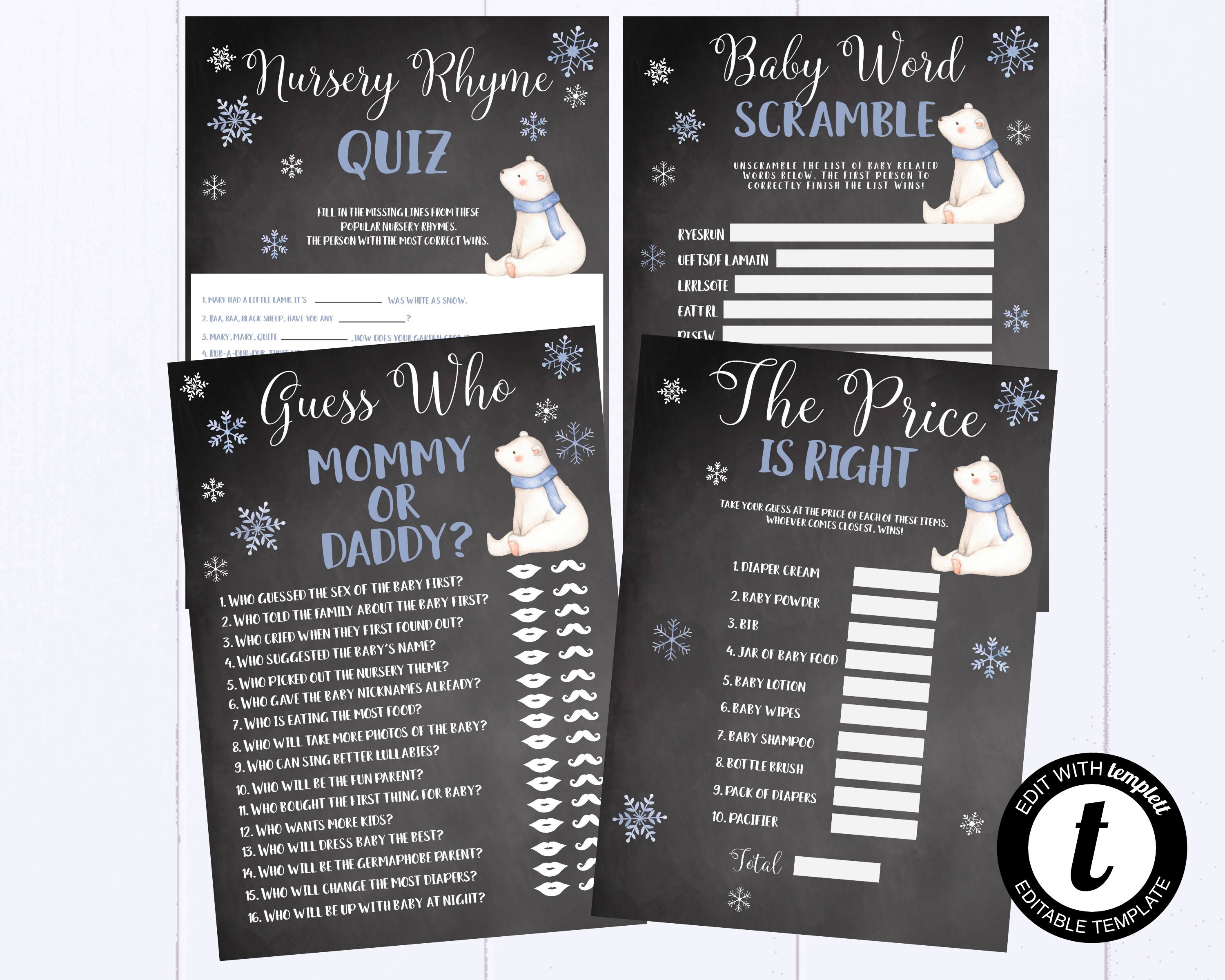 Polar Bear Baby Shower Games Package Printable Winter Baby Shower Games ...