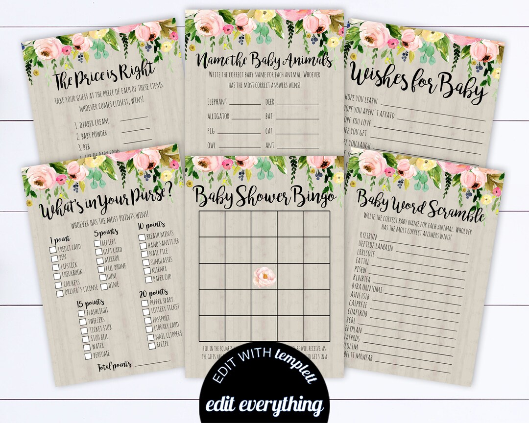 Floral Baby Shower Games Printable Baby Shower Games Package Baby ...