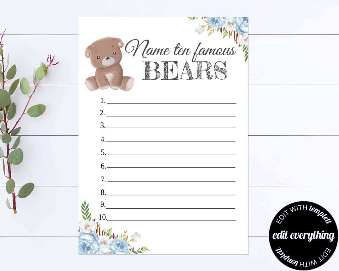 Name Ten Famous Bears Baby Shower Game Bear Baby Shower Name Famous ...