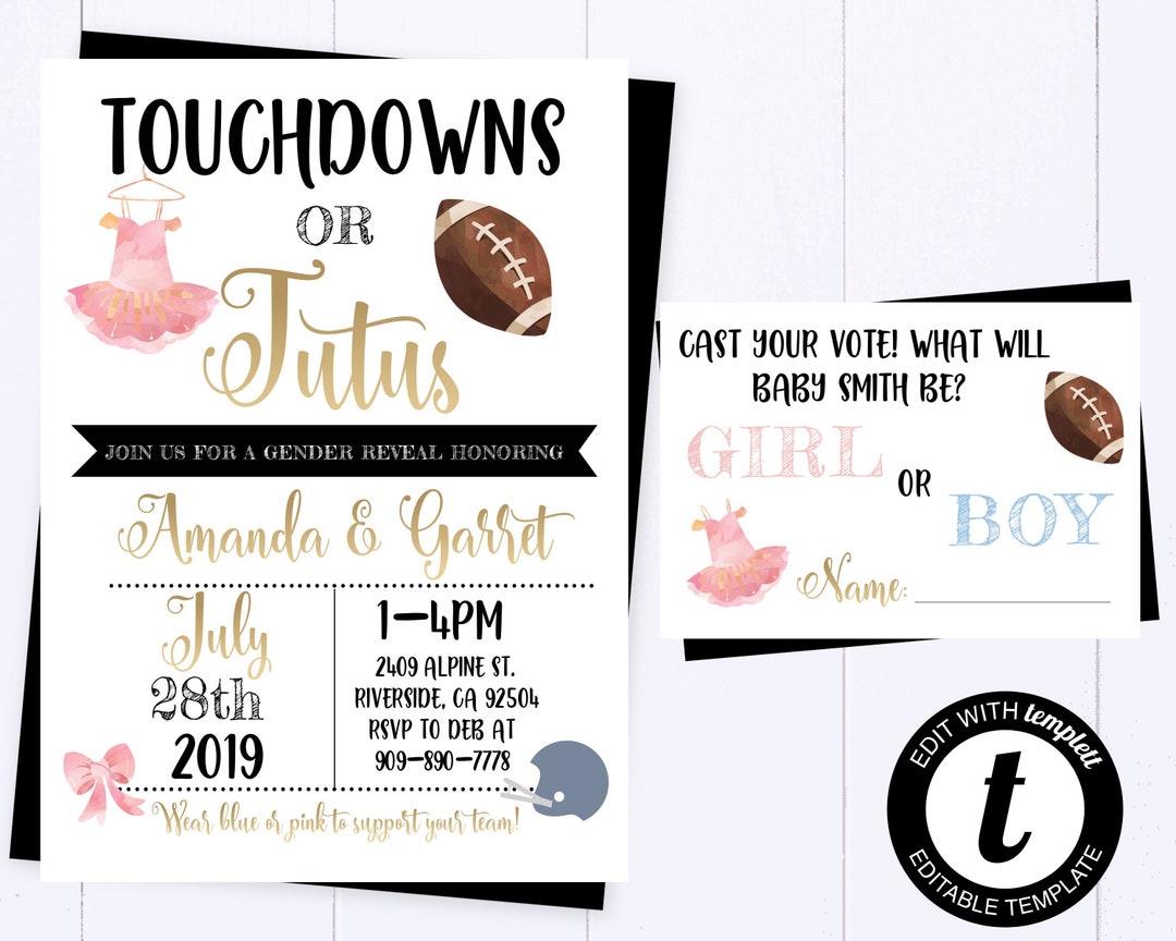 Touchdowns and Tutus Gender Reveal Invitation Football and Tutu Gender ...