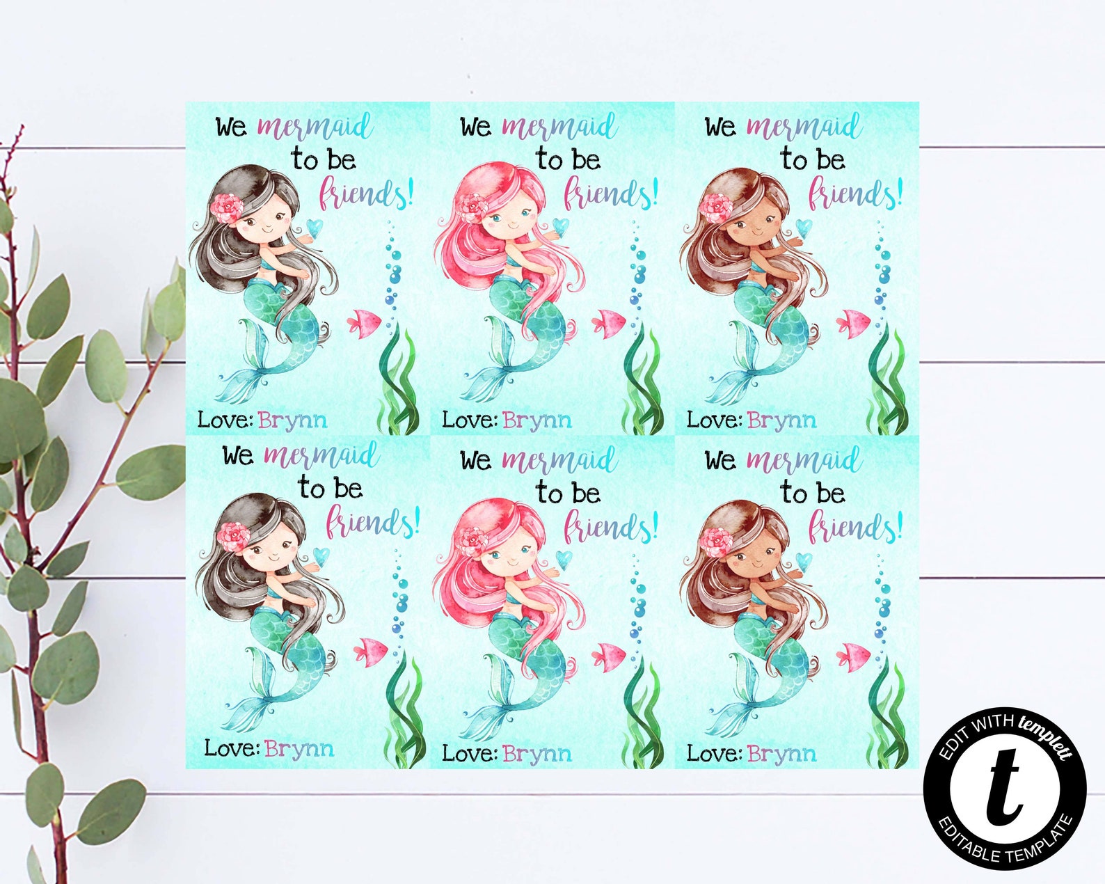 Mermaid Valentines Cards Editable and Personalized Mermaid - Etsy