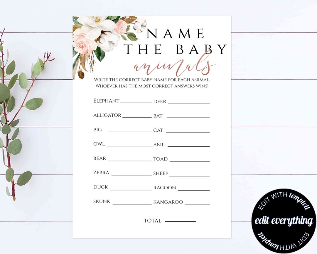 Floral Baby Shower Name the Baby Animal Game Baby Shower Name the ...