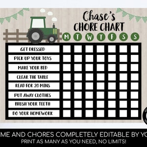 Tractor Chore Chart Editable Kids Chore Chart Reward Chart for Kids ...