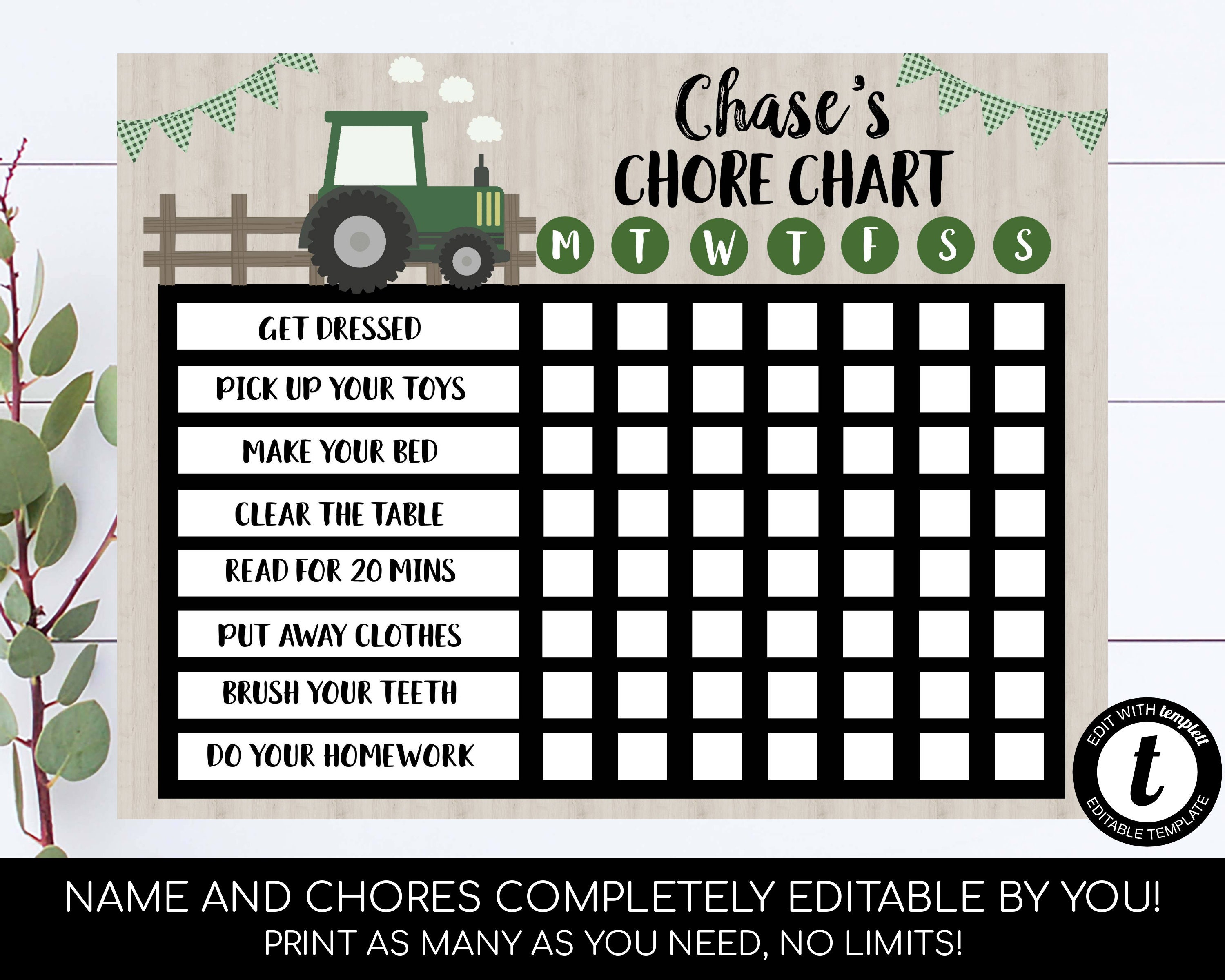 Tractor Chore Chart Editable Kids Chore Chart Reward Chart For | Etsy