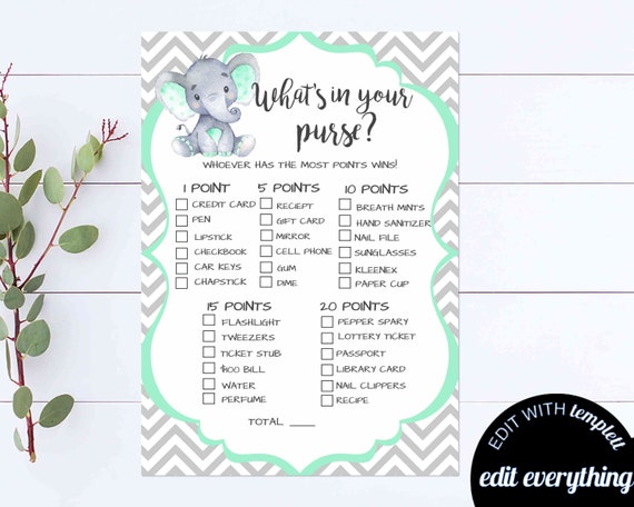 What's in Your Purse Baby Shower Game Elephant Purse Game | Etsy