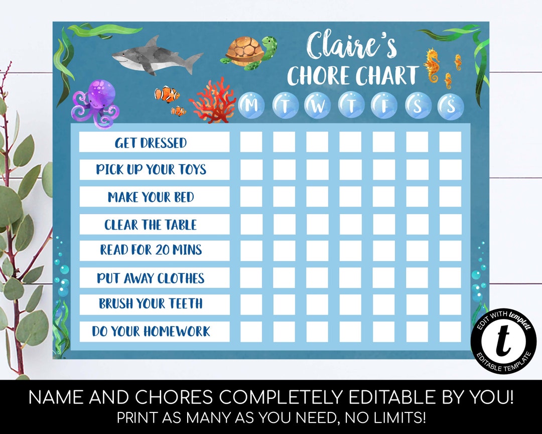 Ocean Chore Chart Editable Kids Chore Chart Reward Chart for Kids Under ...