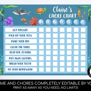 Ocean Chore Chart Editable Kids Chore Chart Reward Chart for Kids Under ...