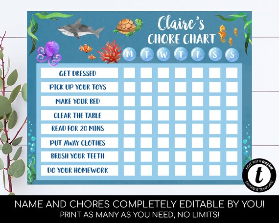 Ocean Chore Chart Editable Kids Chore Chart Reward Chart for | Etsy
