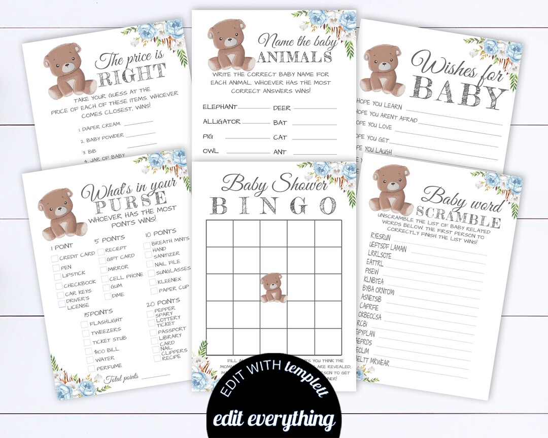 Bear Baby Shower Games Printable Baby Shower Games Package Baby Shower ...