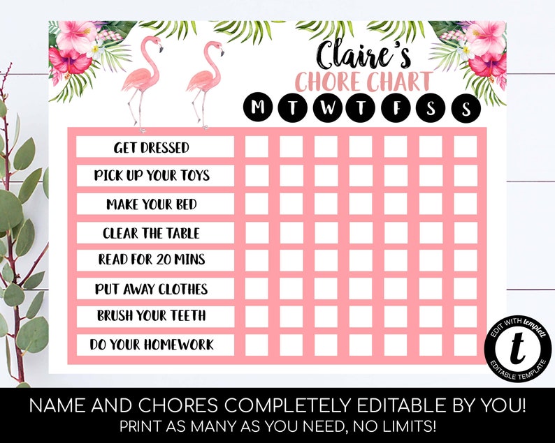 Flamingo Chore Chart Editable Kids Chore Chart Reward Chart for Kids ...