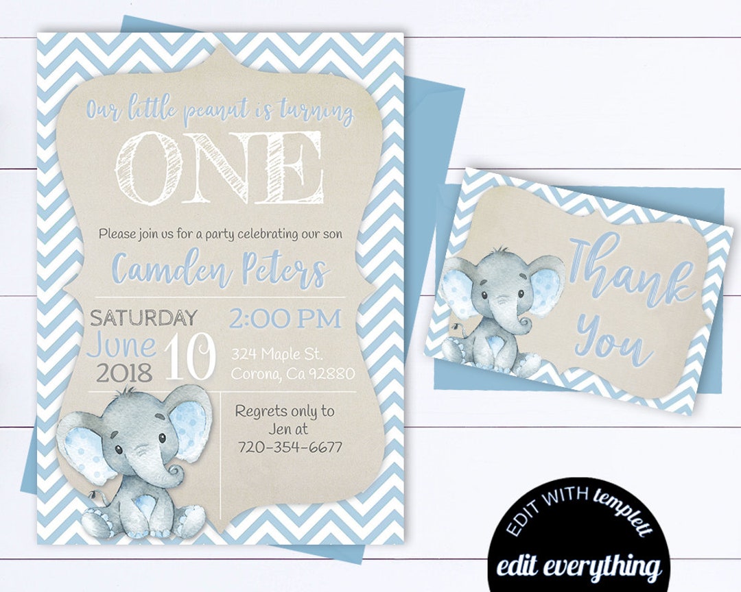 Blue Elephant Birthday Invitation Boy Elephant Birthday Invitations ...