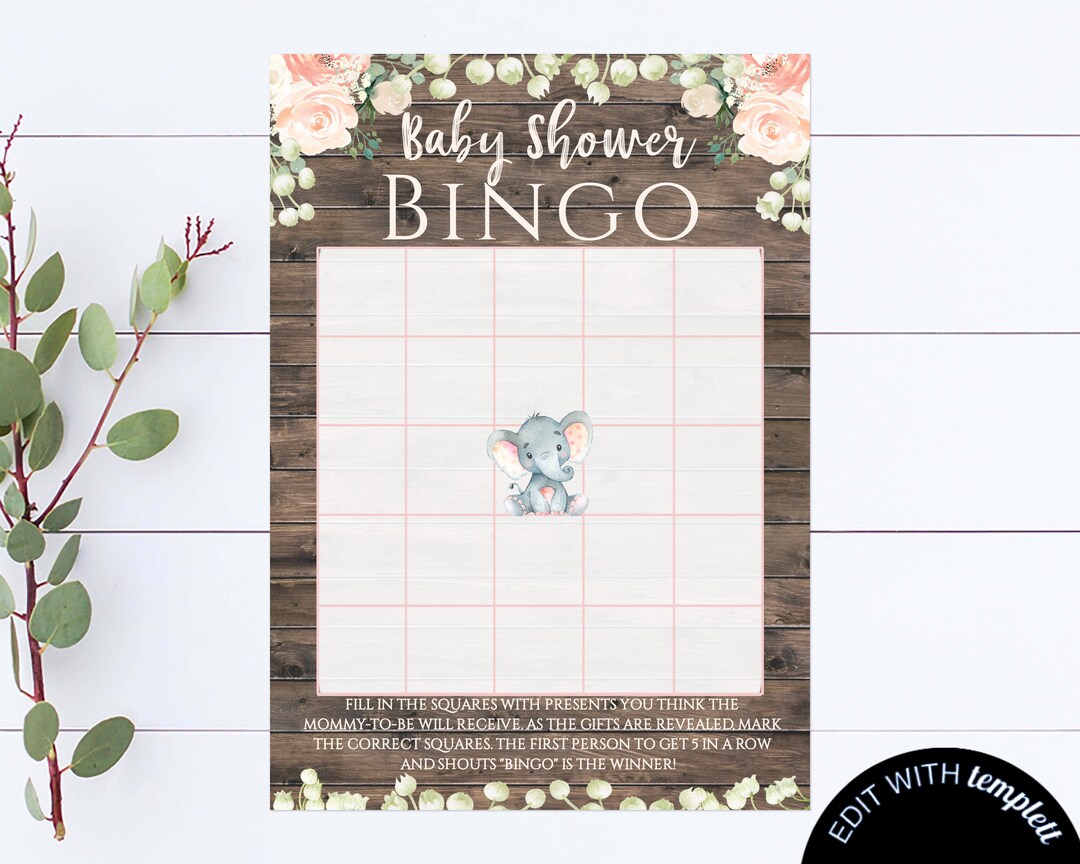 Elephant Bingo Baby Shower Game Floral Baby Shower Bingo Activity Baby ...