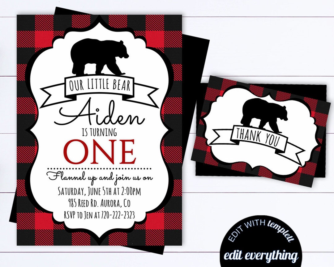 Little Bear Birthday Party Invitation Red and Black Plaid Lumberjack ...