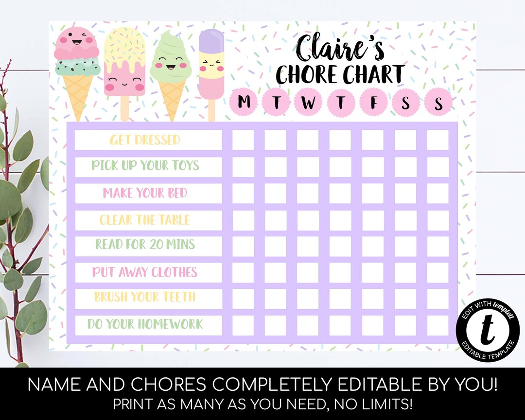 Ice Cream Chore Chart Editable Kids Chore Chart Reward Chart for Kids ...