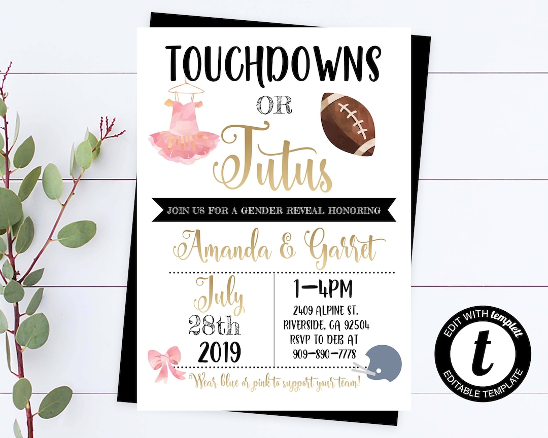 Touchdowns and Tutus Gender Reveal Invitation Football and Tutu Gender ...