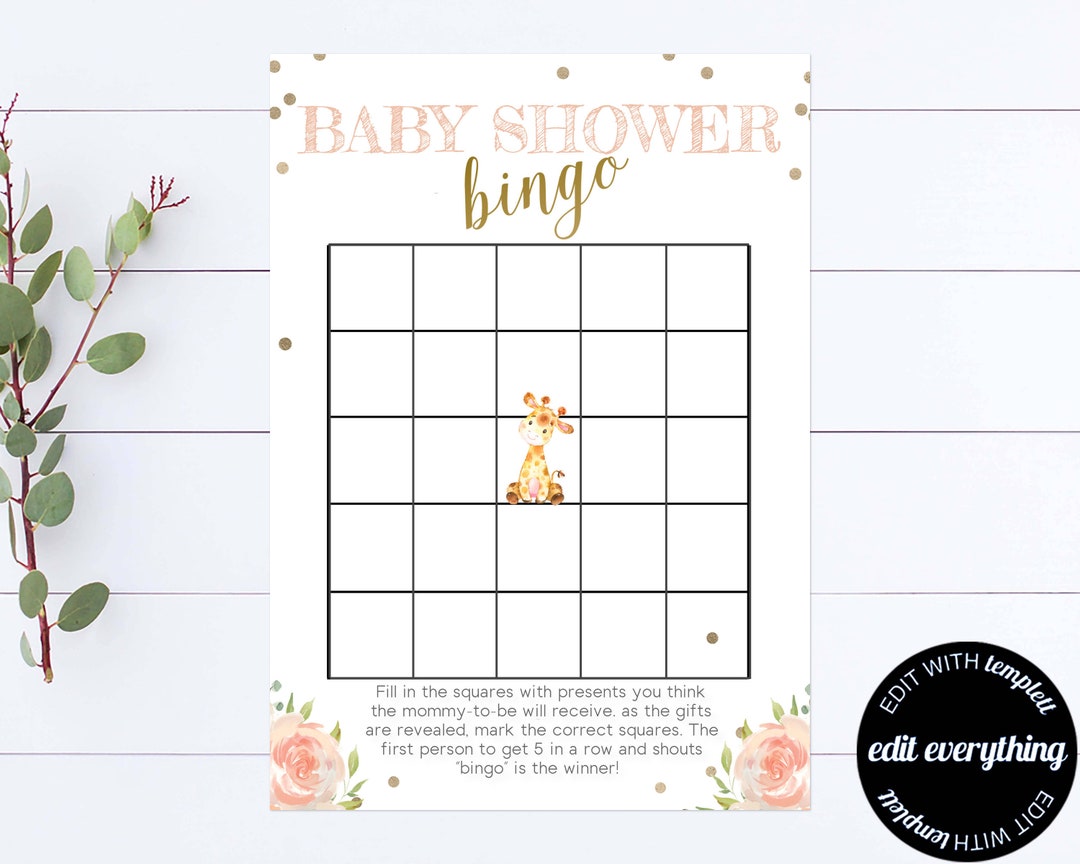 Giraffe Bingo Baby Shower Game Floral Baby Shower Bingo Activity Bingo ...