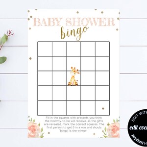 Giraffe Bingo Baby Shower Game Floral Baby Shower Bingo Activity Bingo ...