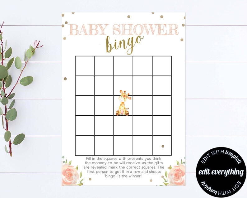 Giraffe Bingo Baby Shower Game Floral Baby Shower Bingo - Etsy