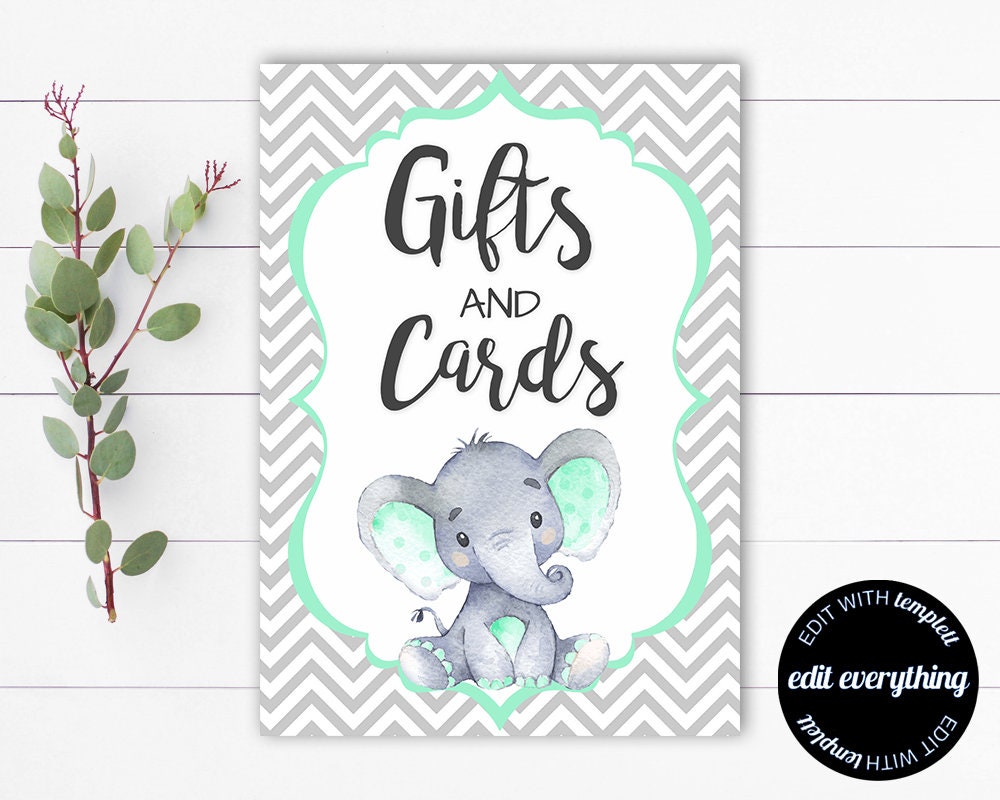 Elephant Gifts and Cards Sign Mint and Gray Gifts and Cards Baby Shower ...