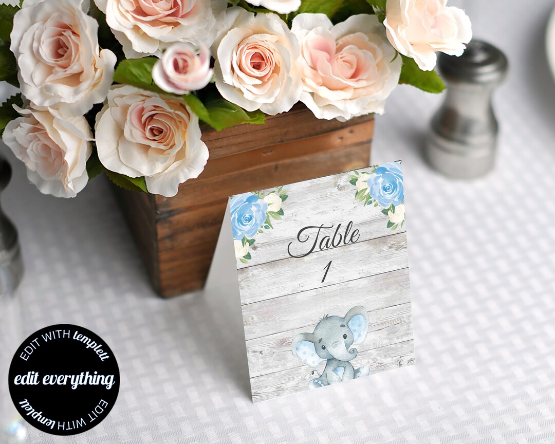 Blue Elephant Baby Shower Table Numbers Floral Table Card Template ...