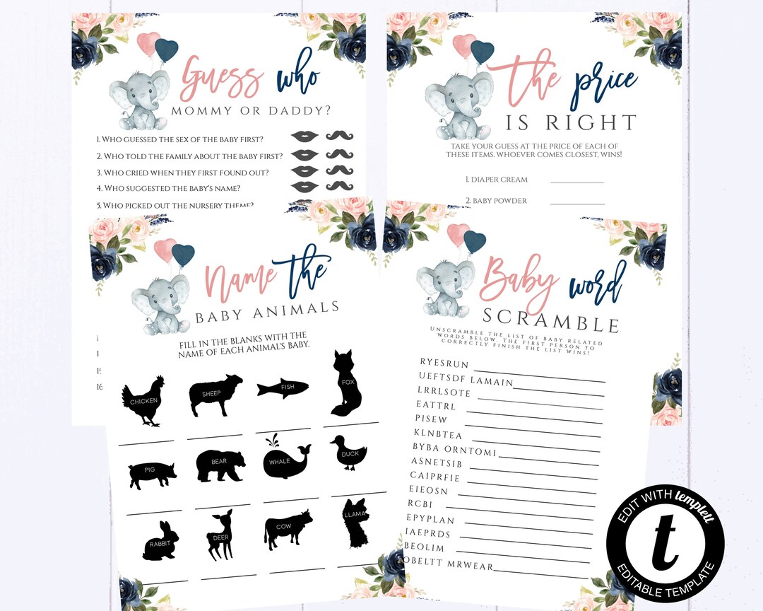 Pink and Blue Elephant Baby Shower Games Floral Baby Shower Game Set ...