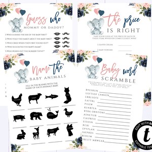 Pink and Blue Elephant Baby Shower Games Floral Baby Shower Game Set ...