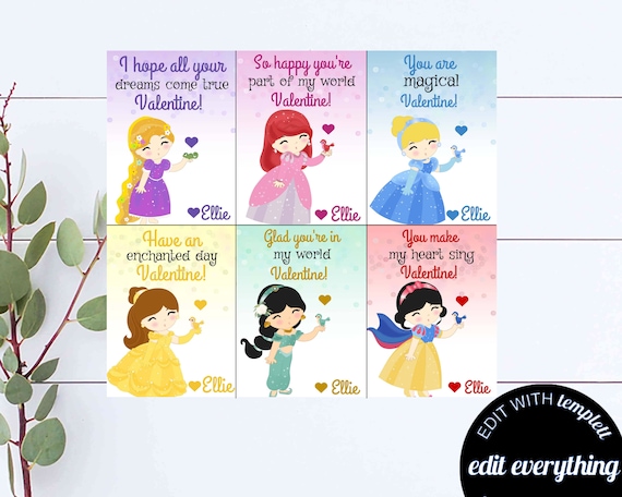 Princess Valentines Cards Editable and Personalized Princess | Etsy