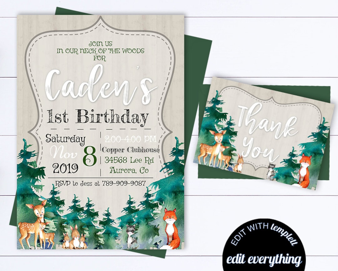 Rustic Woodland Birthday Invitation Neutral Invite Woodland Animal ...