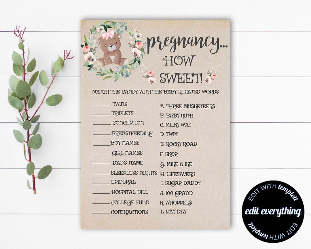 Bear Baby Shower Candy Bar Match Game Baby Shower Game Baby Shower ...