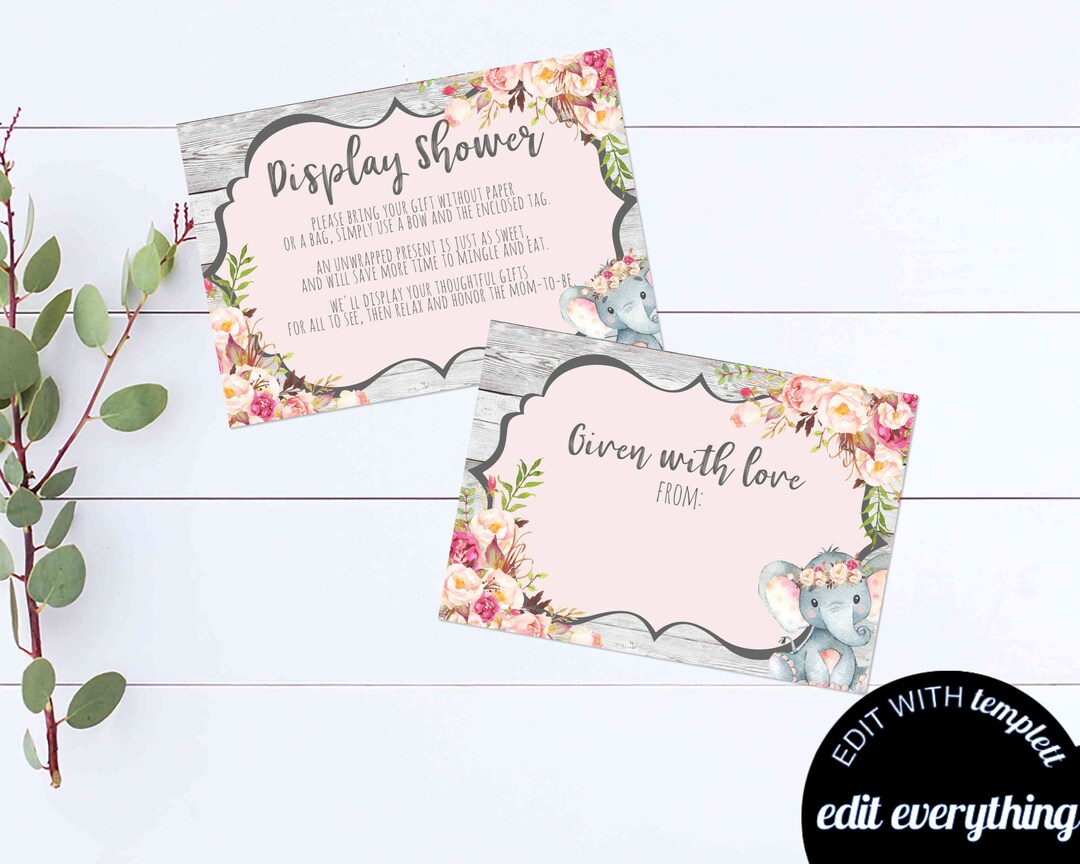 Baby Shower Display Shower Invitation Insert and Gift Tag Elephant Baby ...