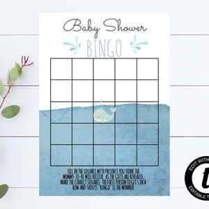 Whale Baby Shower Bingo Game Baby Shower Bingo Activity Whale Baby ...