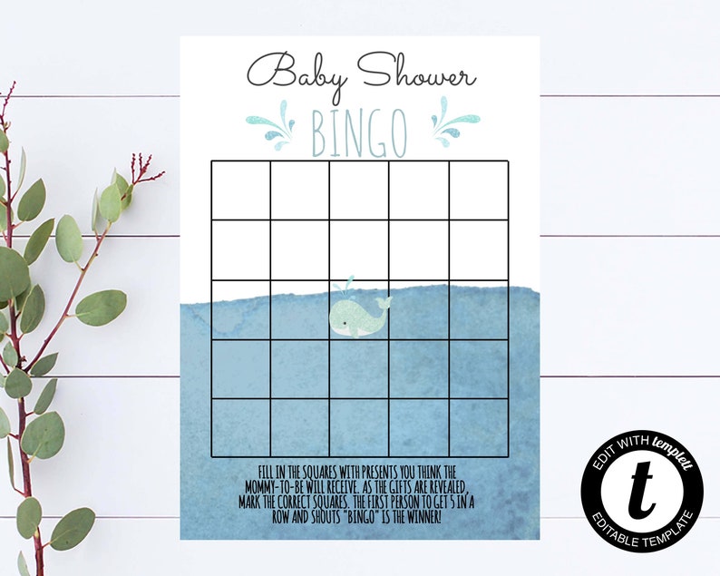 Whale Baby Shower Bingo Game Baby Shower Bingo Activity Whale Baby ...
