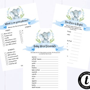 Blue Elephant Baby Shower Games Printable Baby Shower Games Package ...