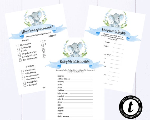 Blue Elephant Baby Shower Games Printable Baby Shower Games - Etsy