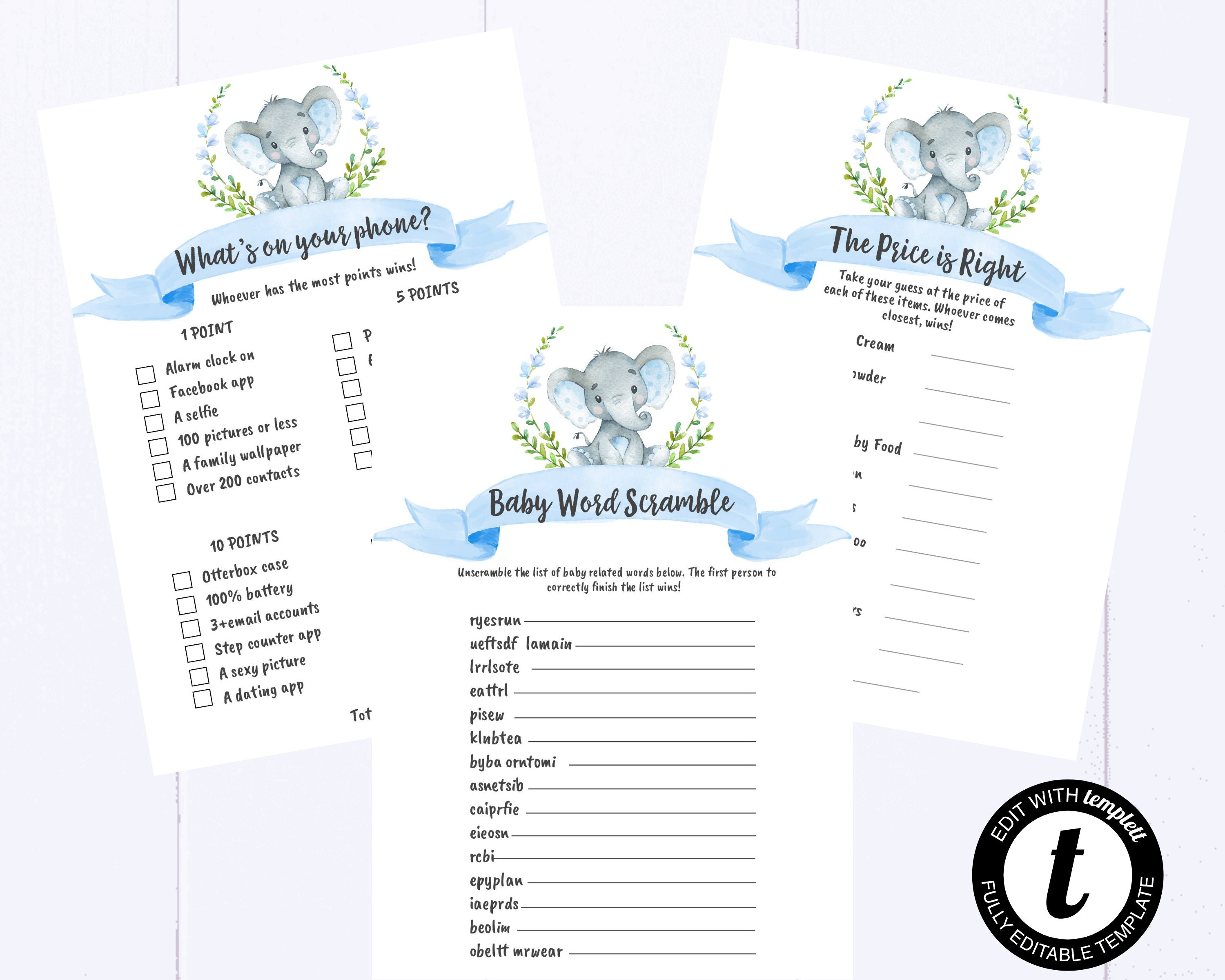 Blue Elephant Baby Shower Games Printable Baby Shower Games Package ...