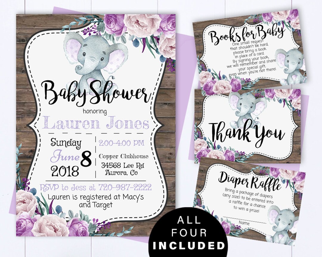 Purple Elephant Baby Shower Invite Purple and Gray Baby Girl Shower ...