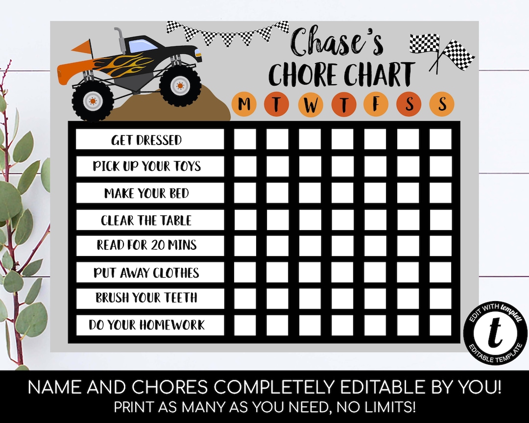 Monster Truck Chore Chart Editable Kids Chore Chart Reward Chart for ...