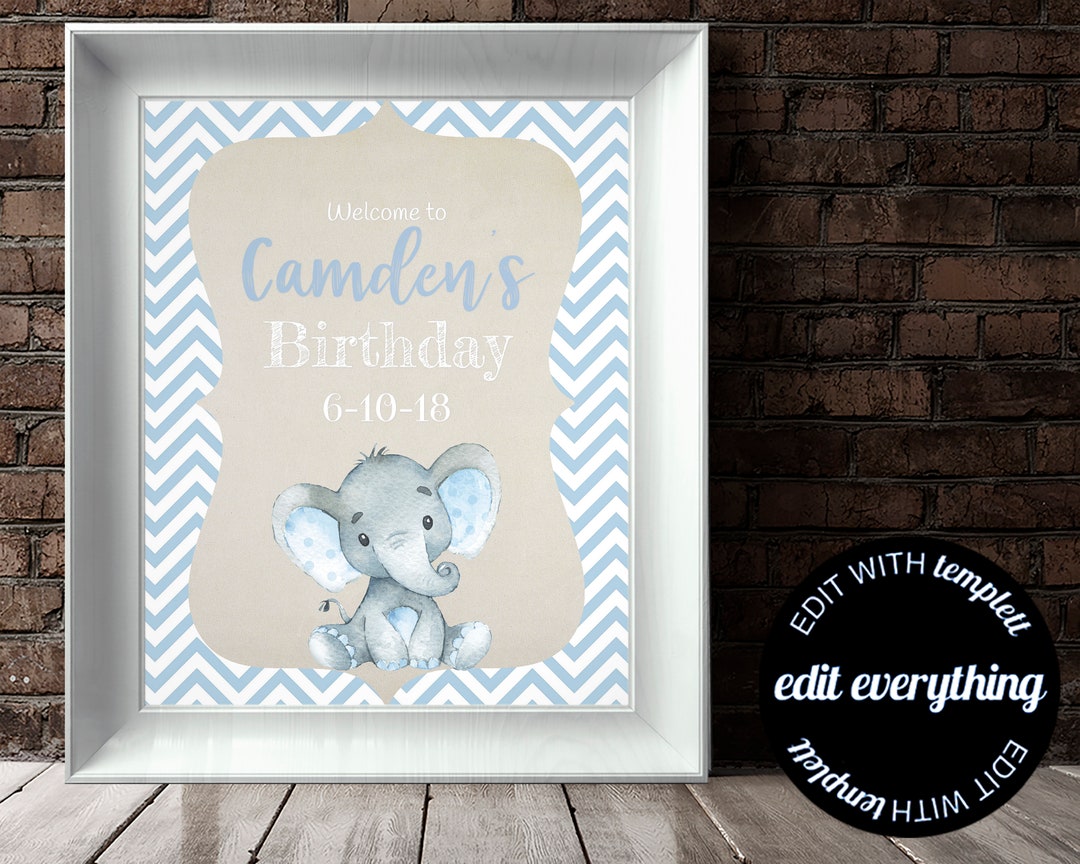 Blue Elephant Baby Birthday Welcome Sign Birthday Welcome Sign Blue ...