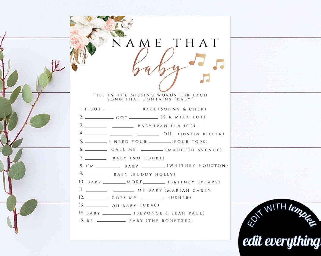 Name That Song Baby Shower Game Rose Gold Baby Shower Name That Baby ...