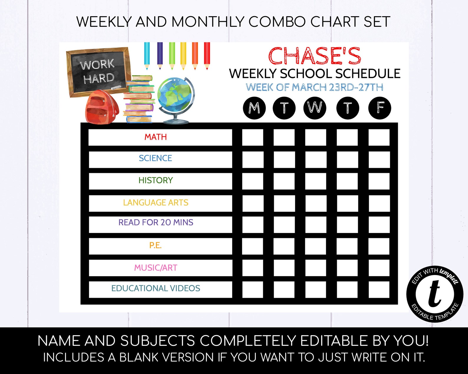 Editable School Schedule Planner Customizable Kids Weekly Task | Etsy
